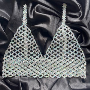 Crystal White Pearl Crop Corset Top, Beaded Chain Lace Bralette, Rave Outfit, Hand Braided Pearl ...