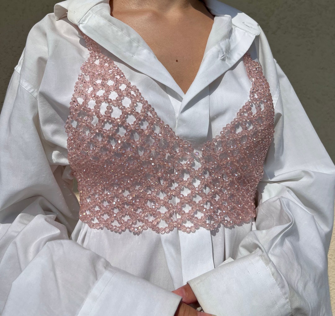 Light Pink Crop Corset Top, Beaded Chain Lace Bralette, Rave Outfit ...