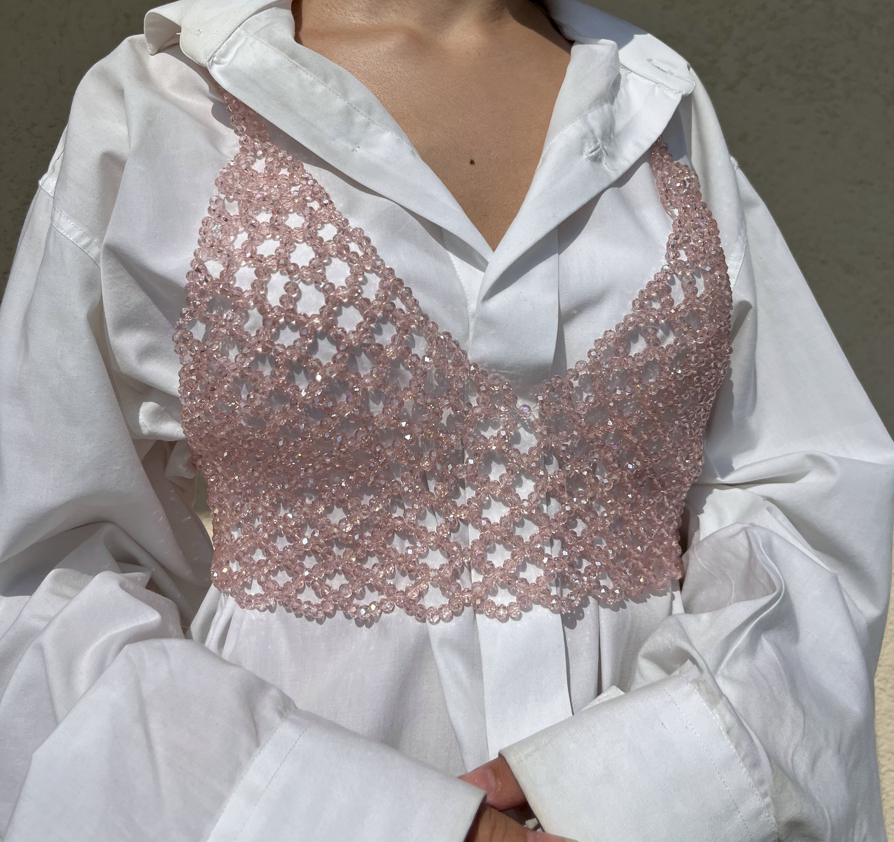 Light Pink Crop Corset Top, Beaded Chain Lace Bralette, Rave Outfit ...