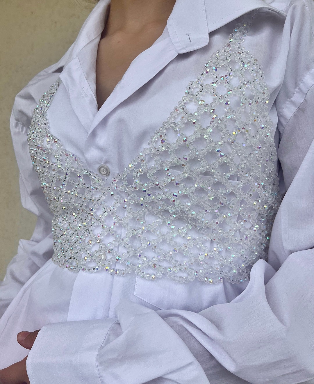 Crystal White Pearl Crop Corset Top, Beaded Chain Lace Bralette, Rave ...