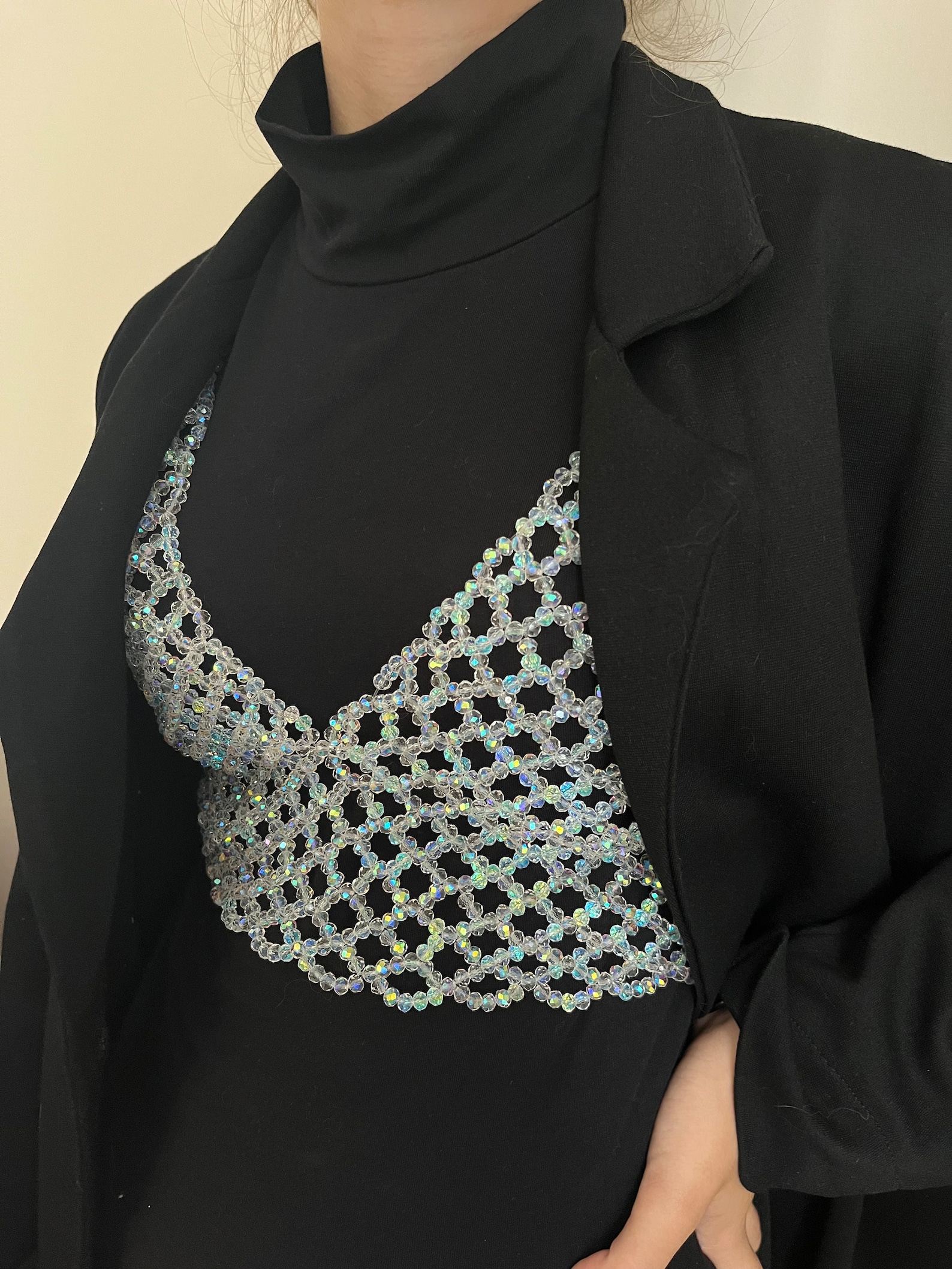 Crystal White Pearl Crop Corset Top, Beaded Chain Lace Bralette, Rave ...