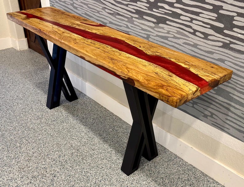 CUSTOM USA Pecan Bar/bench/sofa Table, Live Edge Slab With Iridescent ...