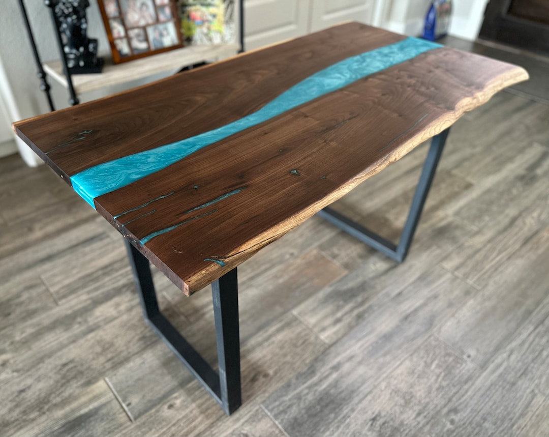 Walnut Live Edge River Desk With Turquoise Diamond Epoxy Inlay, Free ...