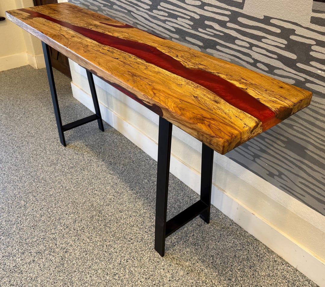 CUSTOM Usa-pecan Bar/bench/sofa Table, Live Edge Slab With Iridescent ...