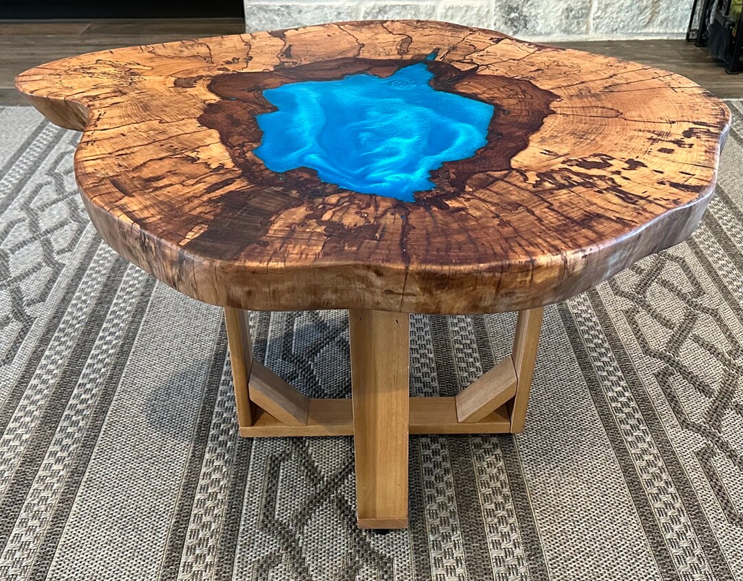 CUSTOM USA Pecan Side/end Table, Live Edge Slab With Pacific Blue Epoxy ...