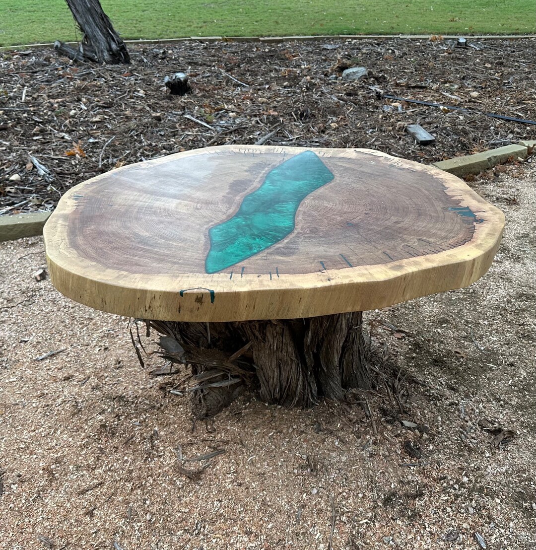 CUSTOM USA Pecan Side/end Table, Live Edge Slab With Emerald Green ...