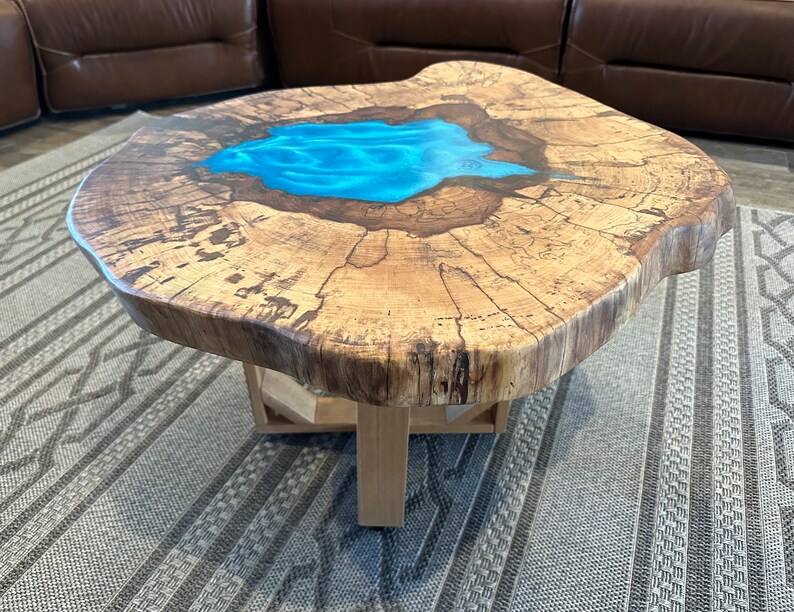 CUSTOM USA Pecan Side/end Table, Live Edge Slab With Pacific Blue Epoxy ...