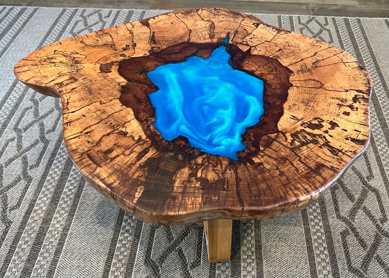CUSTOM USA Pecan Side/end Table, Live Edge Slab With Pacific Blue Epoxy ...