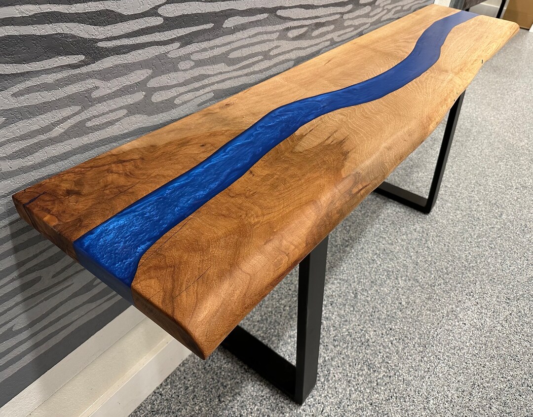 CUSTOM Usa-pecan Bar/bench/sofa Table, Live Edge Slab With Iridescent ...