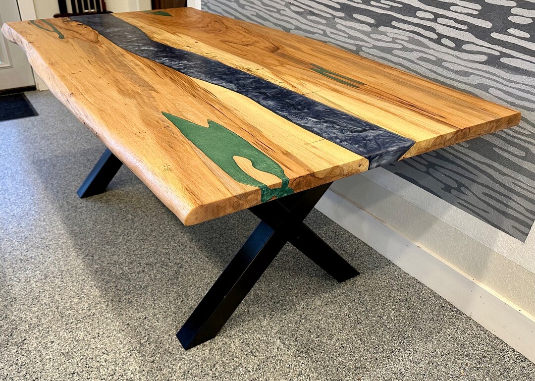 Handmade Usa-pecan Desk, Live Edge Slab With Bonsai Green Epoxy Inlay ...