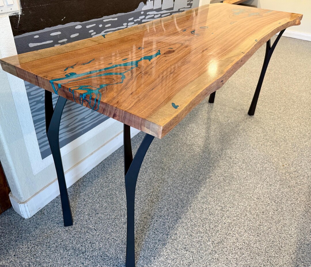 CUSTOM USA Pecan Bar/bench/sofa Table, Live Edge Slab With Turquoise ...