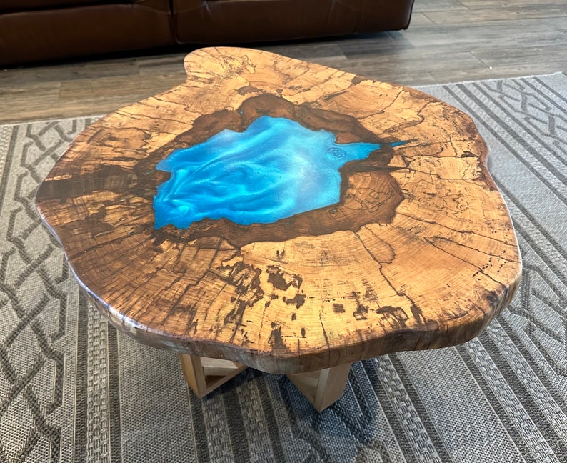 CUSTOM USA Pecan Side/end Table, Live Edge Slab With Pacific Blue Epoxy ...
