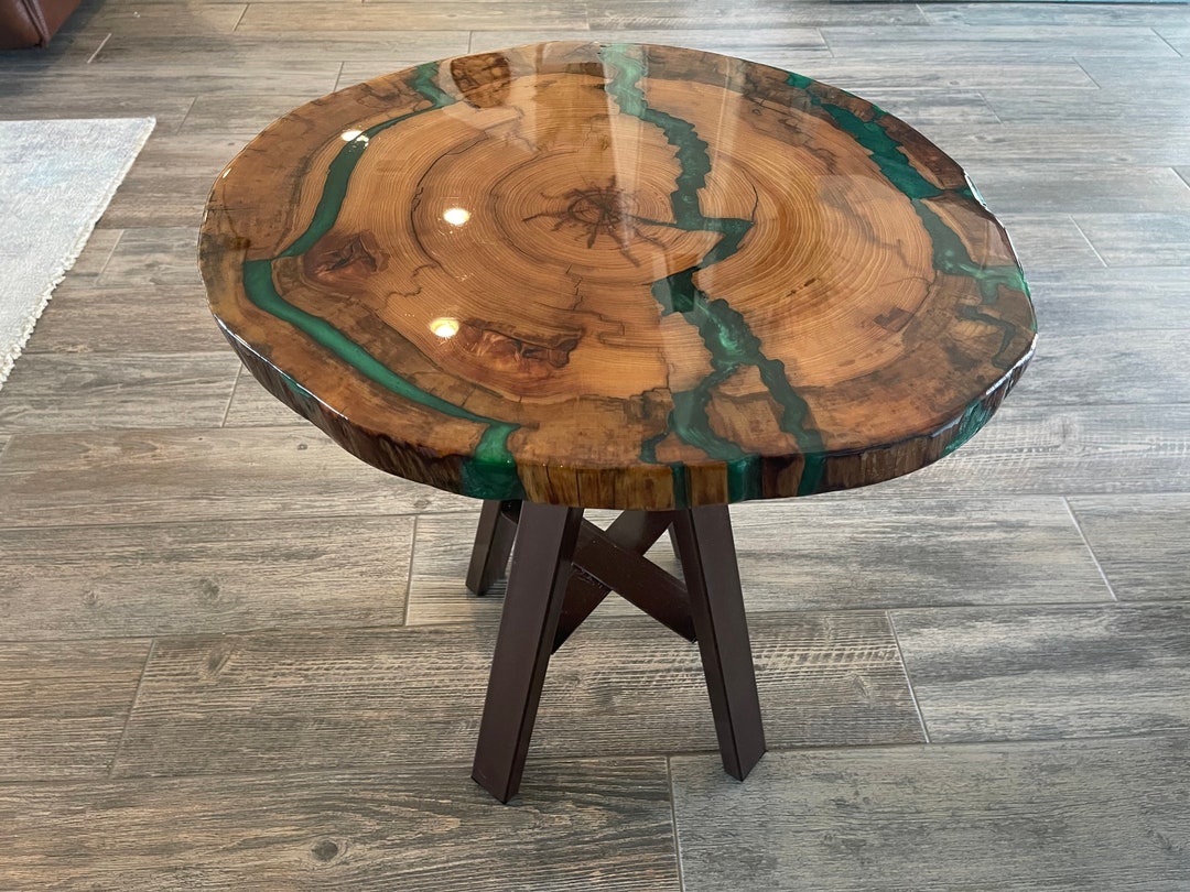 Red Cedar Live Edge Glossy Round With Emerald Green Epoxy Inlay Table ...