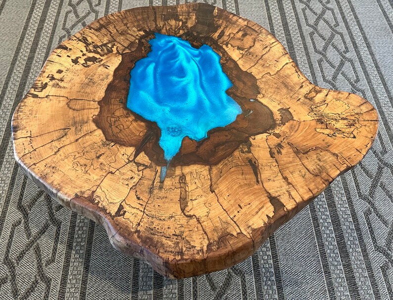 CUSTOM USA Pecan Side/end Table, Live Edge Slab With Pacific Blue Epoxy ...