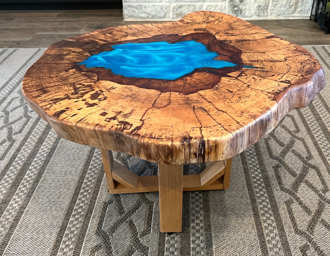 CUSTOM USA Pecan Side/end Table, Live Edge Slab With Pacific Blue Epoxy ...