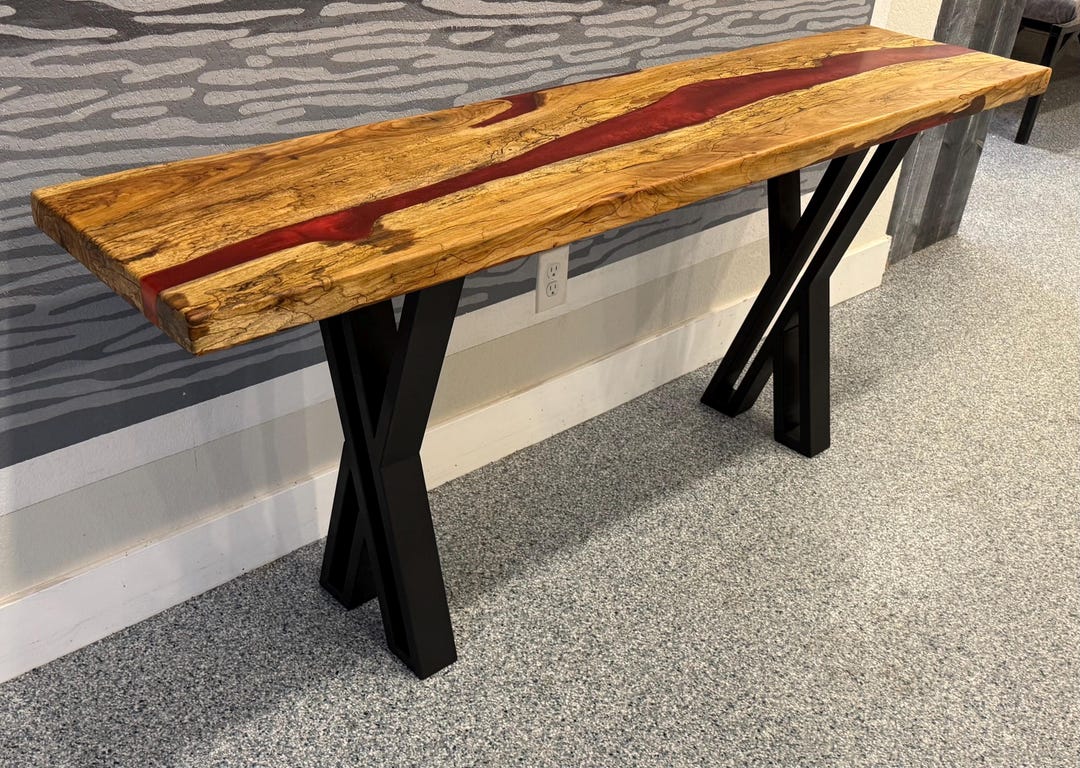 CUSTOM USA Pecan Bar/bench/sofa Table, Live Edge Slab With Iridescent ...