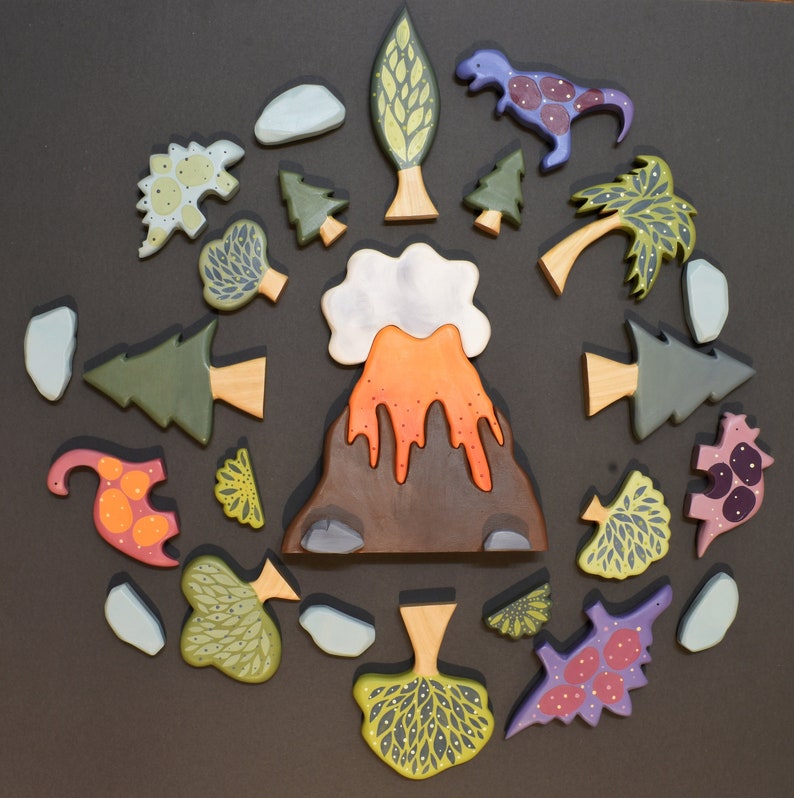 Montessori Inspired Wooden Dinosaur Volcano Set / Paleontology Wood Set ...