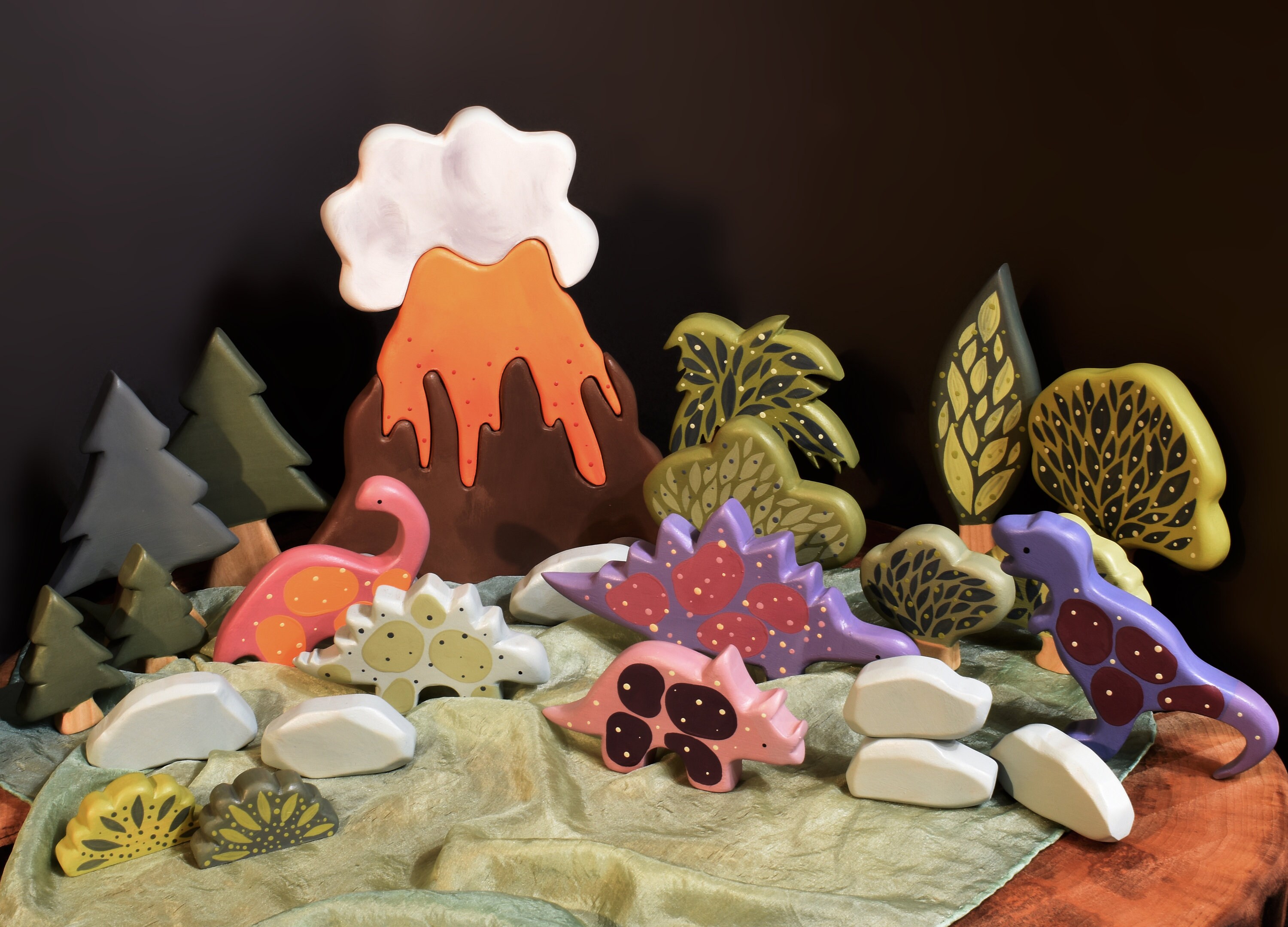 Montessori Inspired Wooden Dinosaur Volcano Set / Paleontology Wood Set ...