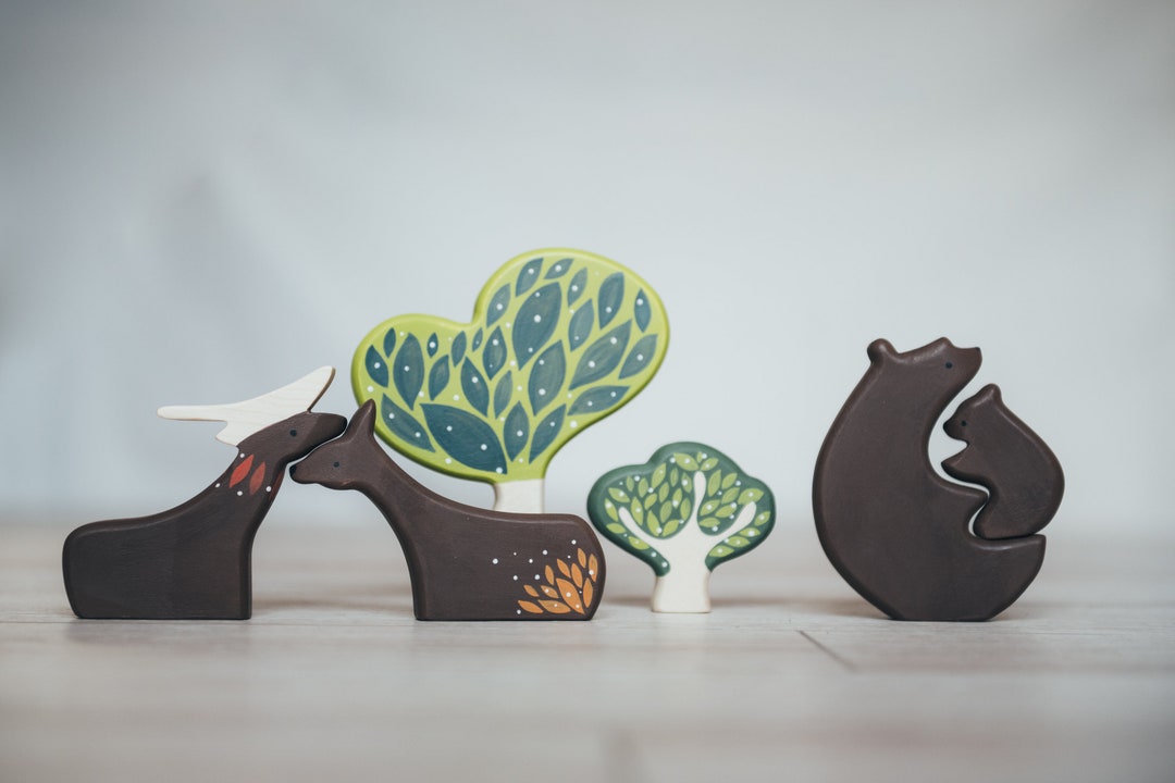 Mother & Baby Bear, Roe Deer, Stag Animals Figurine Set - Handcrafted ...