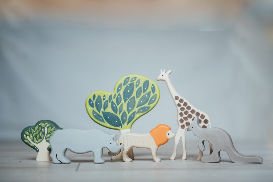 Wooden AFRICA Animals Set, Eco Friendly Toys, Rhino, Giraffe, Lion ...