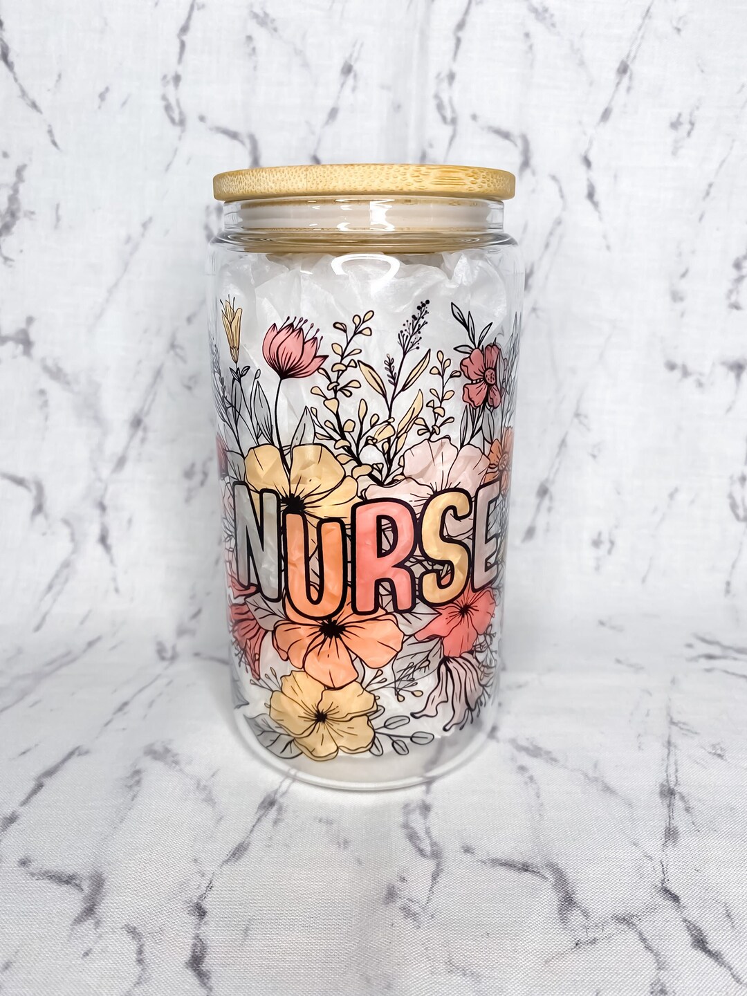 Nurse Floral Glass Cup, Nurse Glass Cup, 16 Oz Glass Can Cup, Ice ...