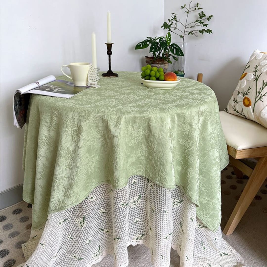 Green Embroidered Tablecloth Round/floral Silk Tablecloth/indoor ...