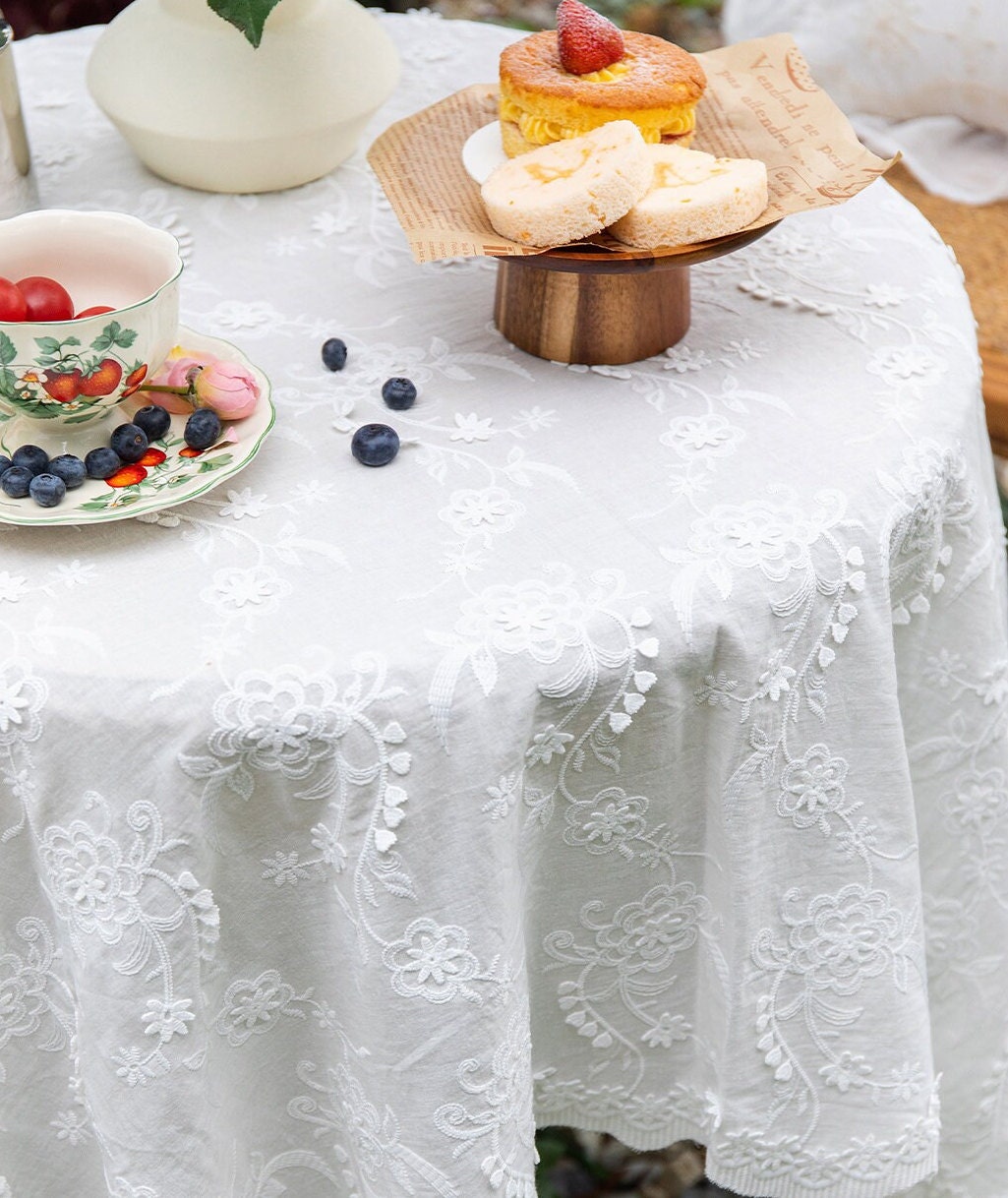 French Floral Embroidered Tablecloth Vintage Country Wedding Tablecloth ...