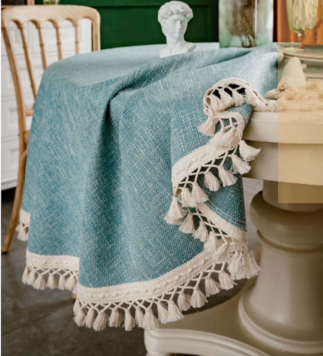 Cotton and Linen Rectangle Tablecloth Round/linen Tassel Tablecloth ...