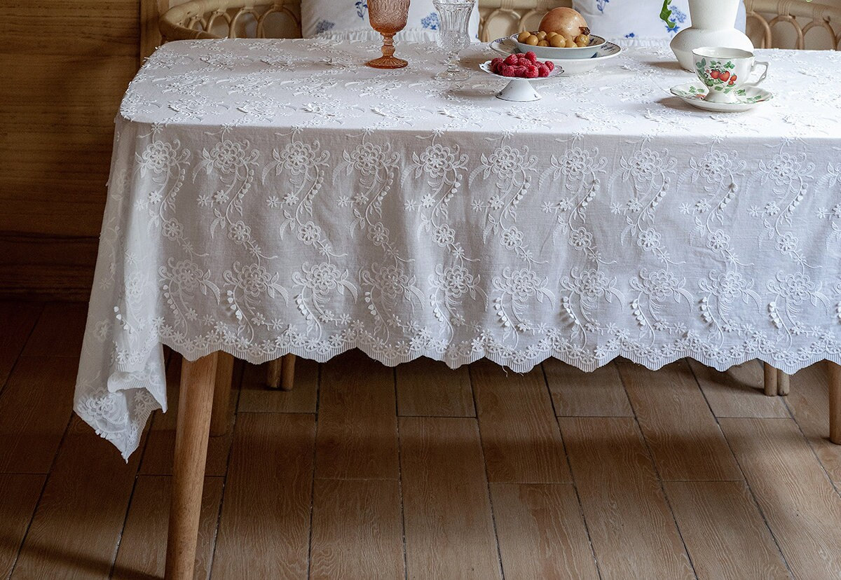 French Floral Embroidered Tablecloth Vintage Country Wedding Tablecloth ...