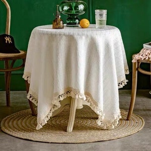 Boho Tassel Cotton and Linen Tablecloth/vintage Country Beige ...