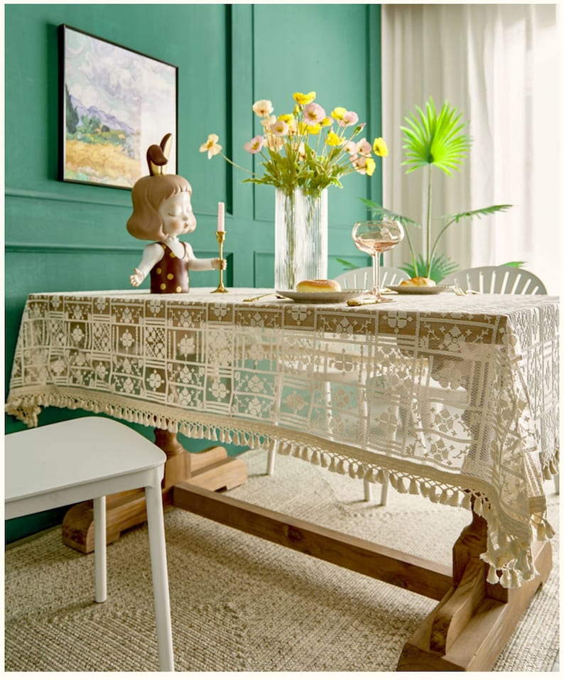 Boho Tablecloth Rectangle/beige Cotton Tablecloth Tassel Lace Woven ...