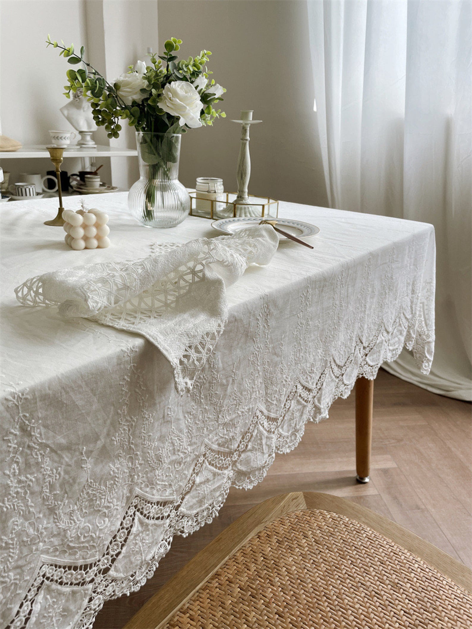 French Floral Lace Embroidered Rectangle Tablecloth/100% Cotton Table ...