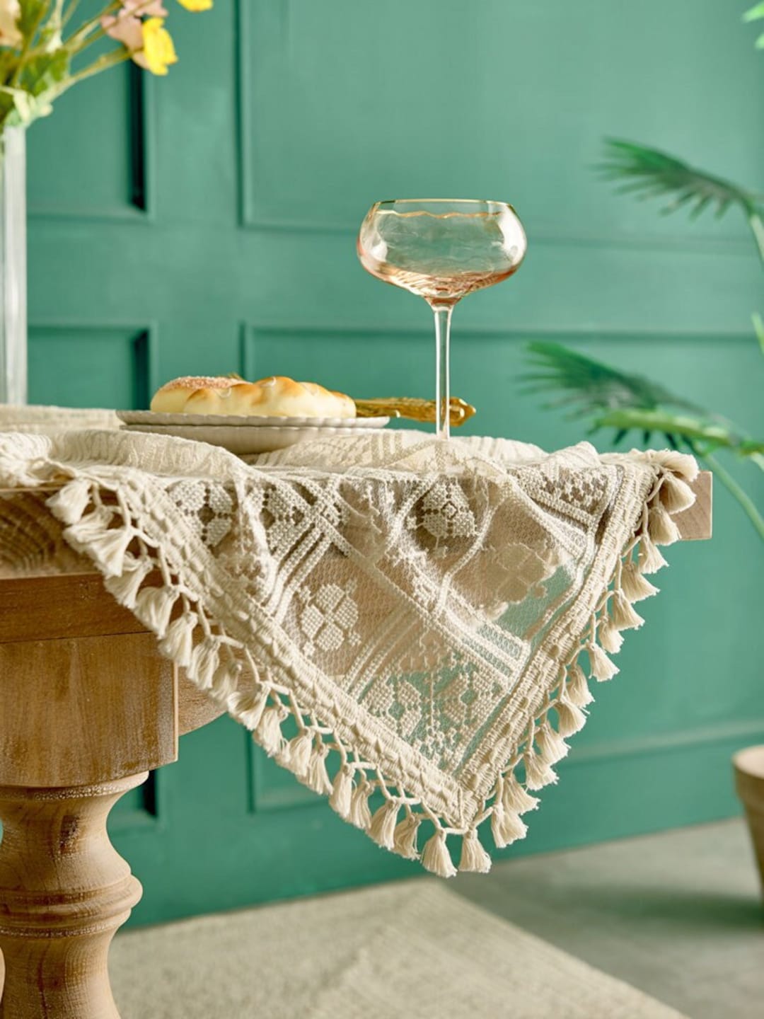 Boho Tablecloth Rectangle/beige Cotton Tablecloth Tassel Lace Woven ...