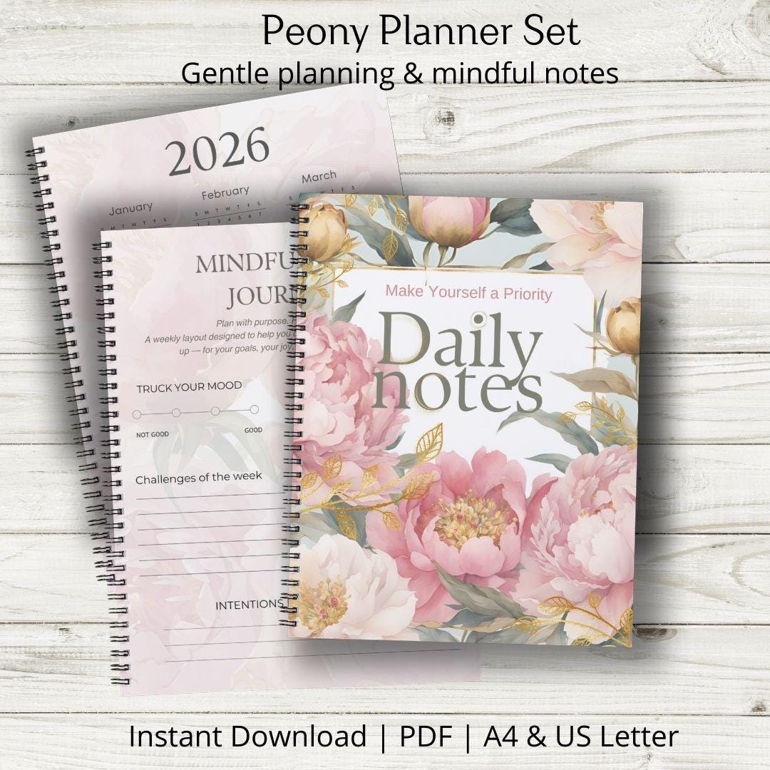 Peony Floral Daily Planner | Self-care Journal (PDF Download, A4/US ...