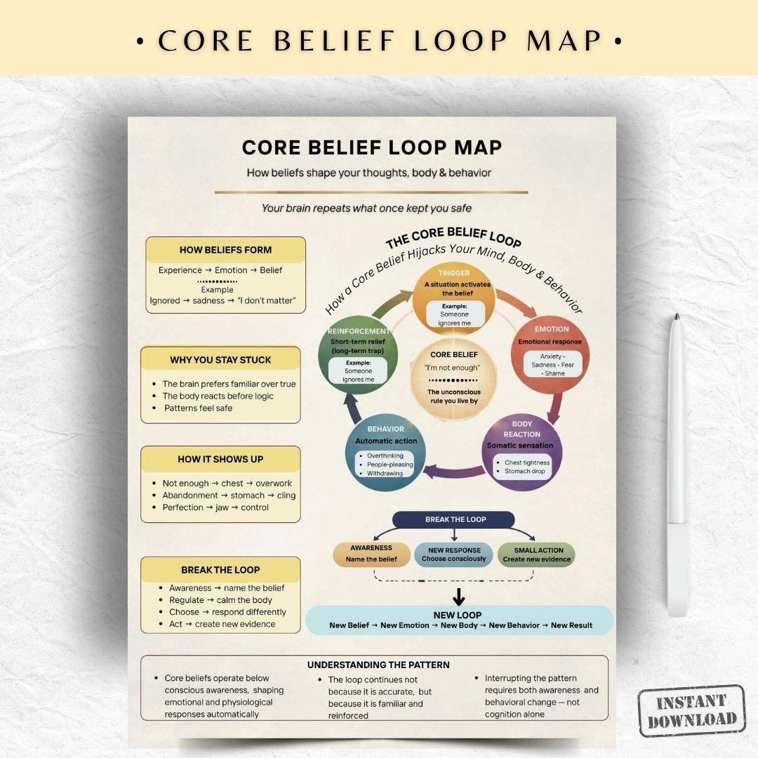 Core Belief Loop Map, Nervous System Behavior Chart, CBT Self ...