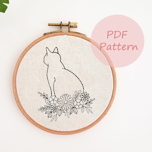 Flower Cat Embroidery PDF Pattern, Cat Hand Embroidery Design, Floral ...
