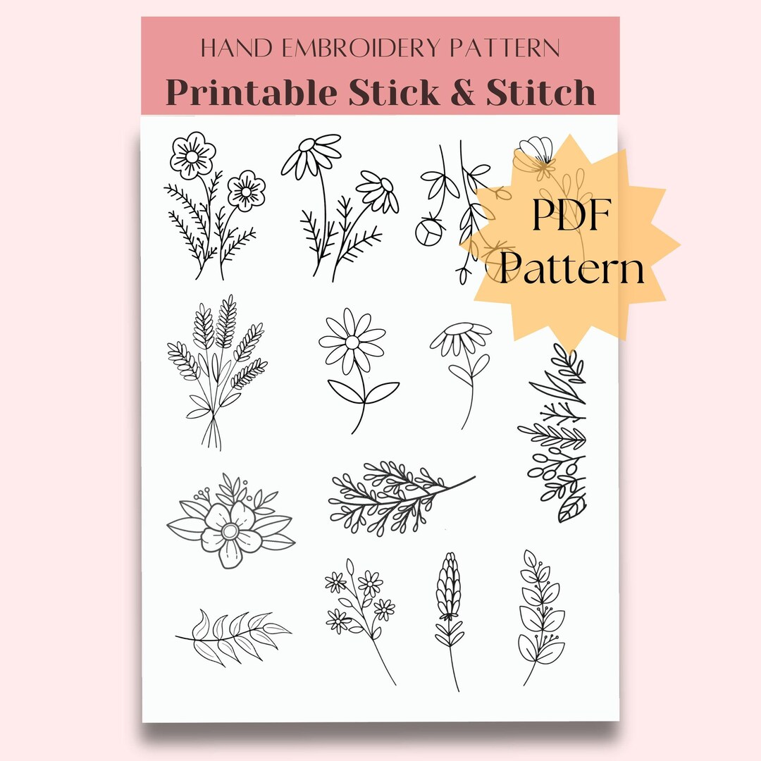 Simple Flower Printable Stick and Stitch, Floral PDF Digital Hand ...