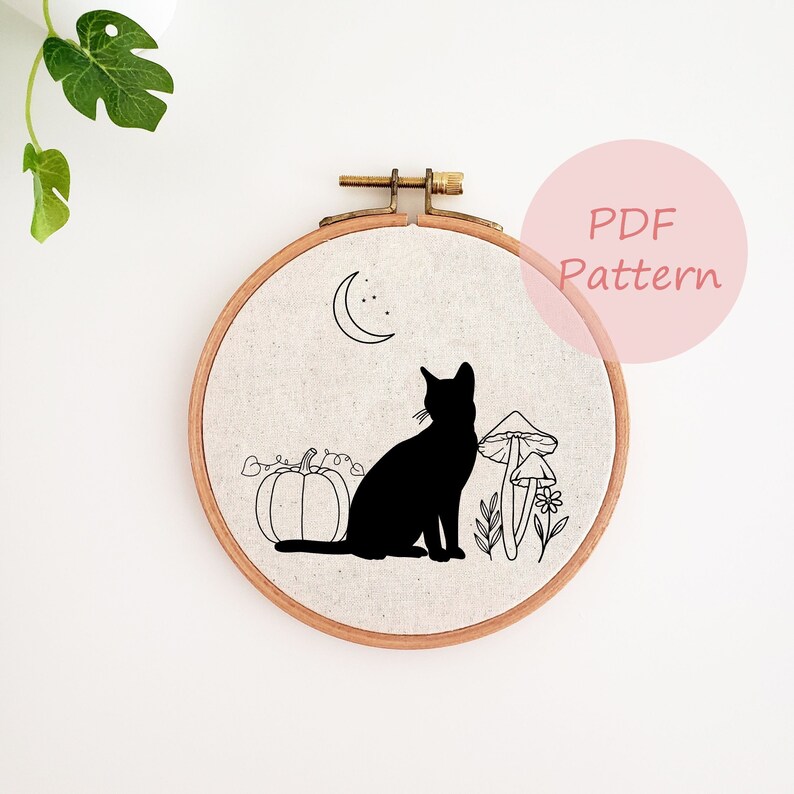 Black Cat With Moon Embroidery Pattern, Halloween Cat Embroidery ...