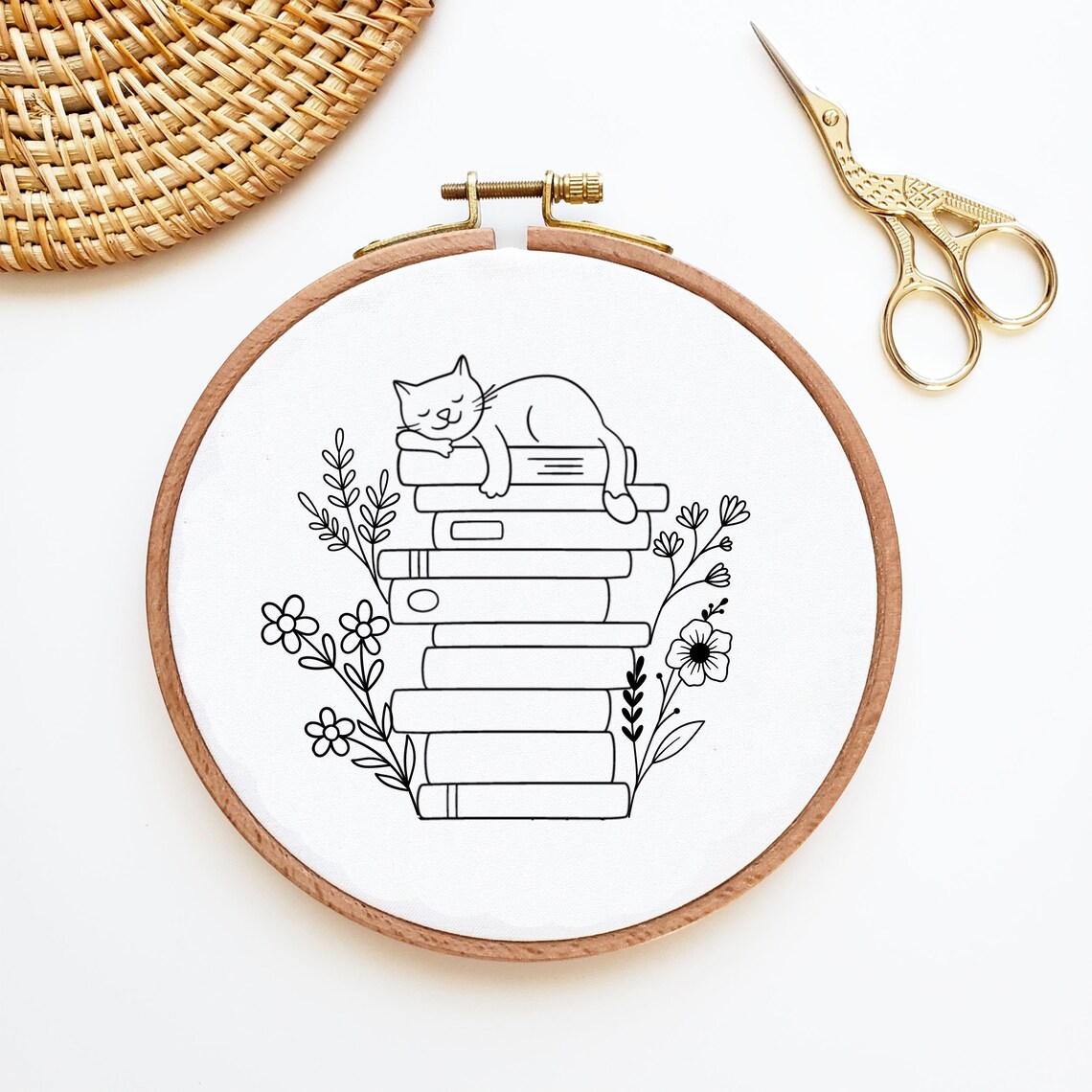 Book Embroidery Pattern Bundle, Book Stack Cat Embroidery, Book Quote ...