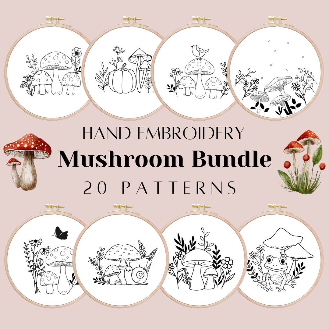 Mushroom Printable PDF Pattern Bundle, Flower Embroidery Pattern, Wildflower Hand Embroidery ...
