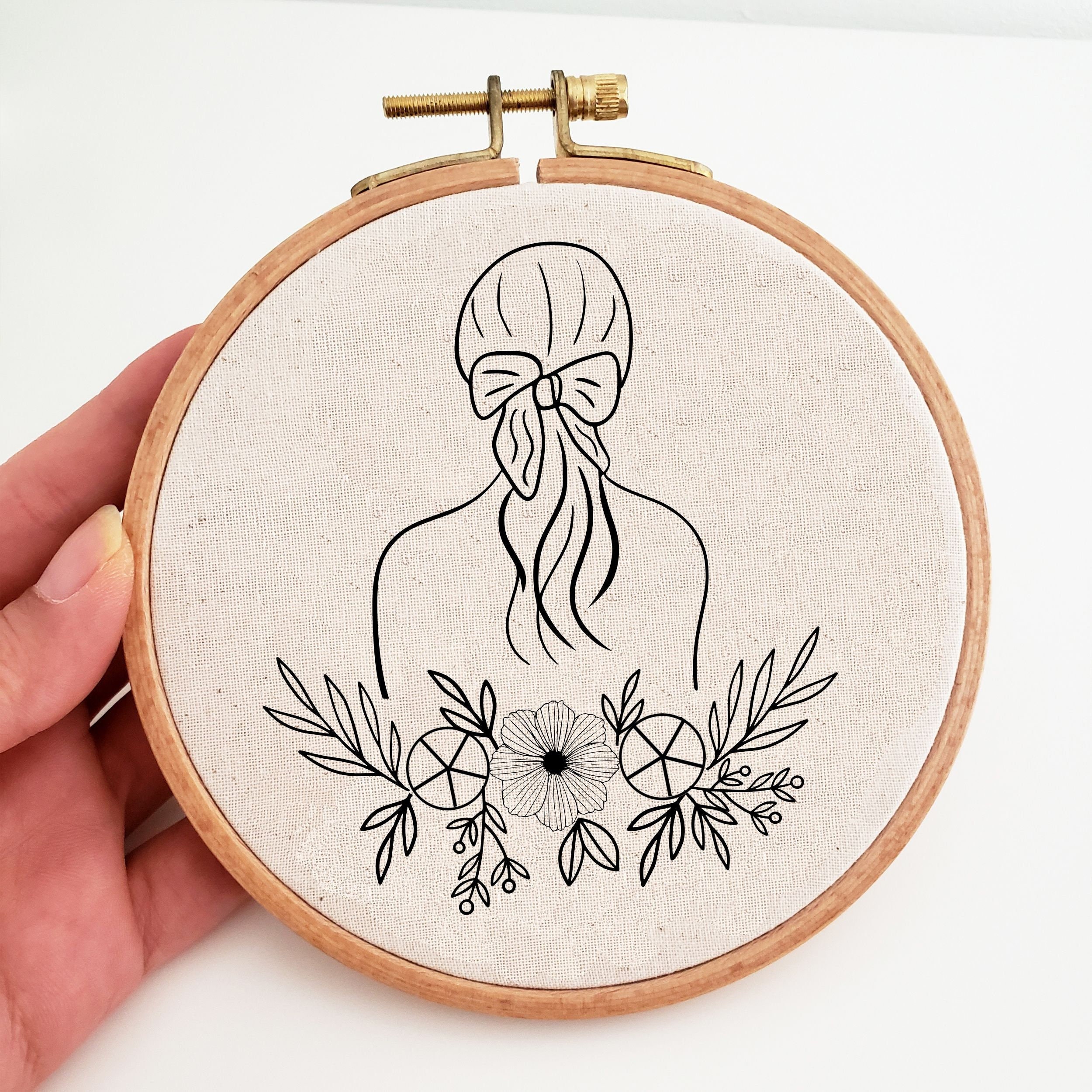 Girl With Long Hair Embroidery Pattern, Floral Girl Hand Embroidery ...