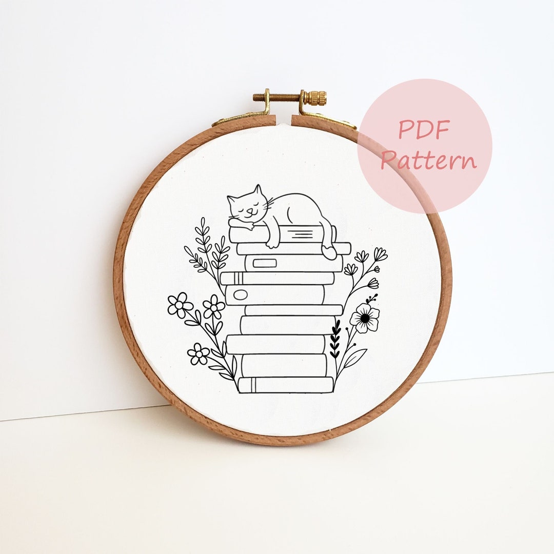 Stacking Book and Cat PDF Embroidery Pattern, Wildflower Hand ...