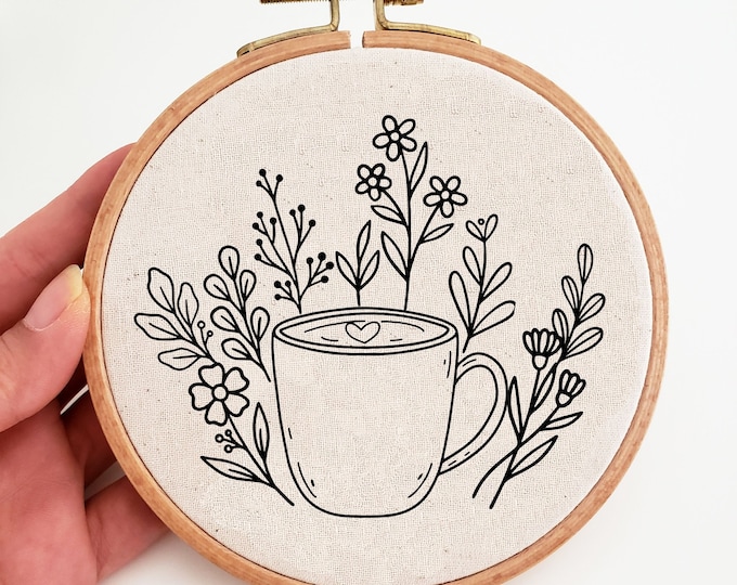 Flower Cup Embroidery Pattern, Tea, Coffee Cup Embroidery Design, Fall ...