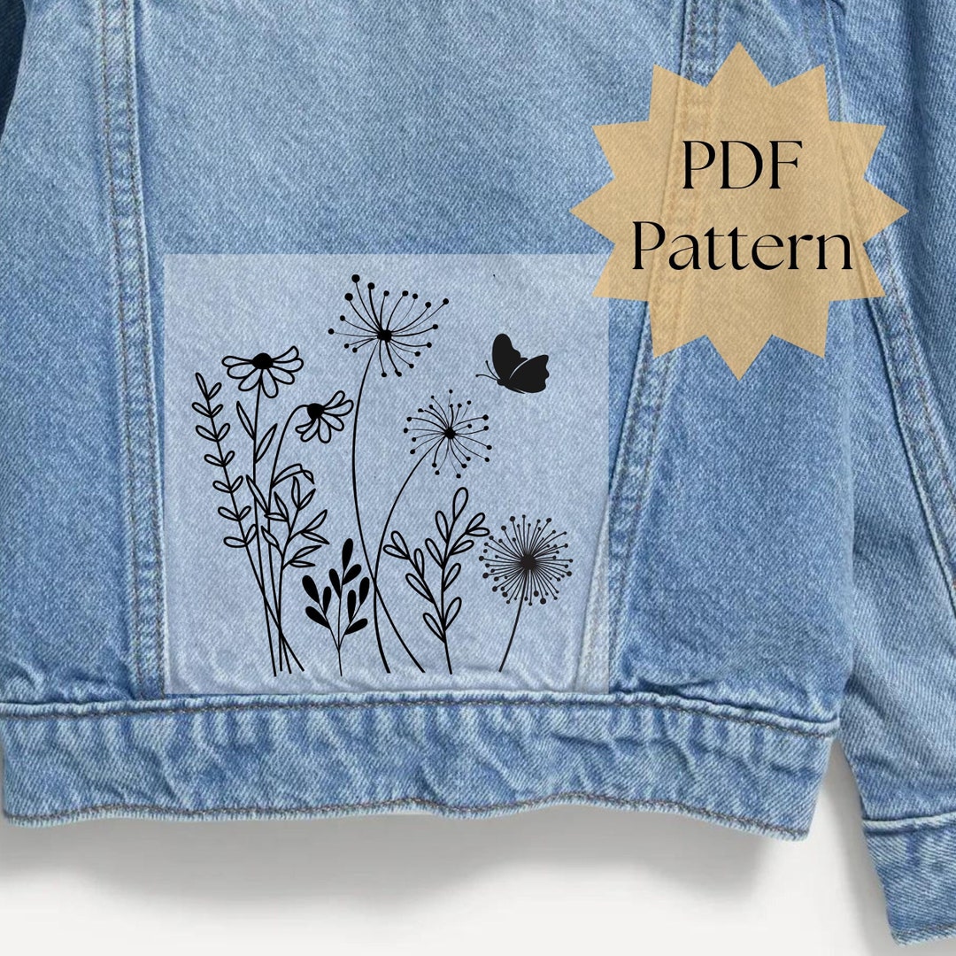 Denim Jacket Embroidery Pattern, Wildflower Butterfly Hand Embroidery Design, Embroidery on ...