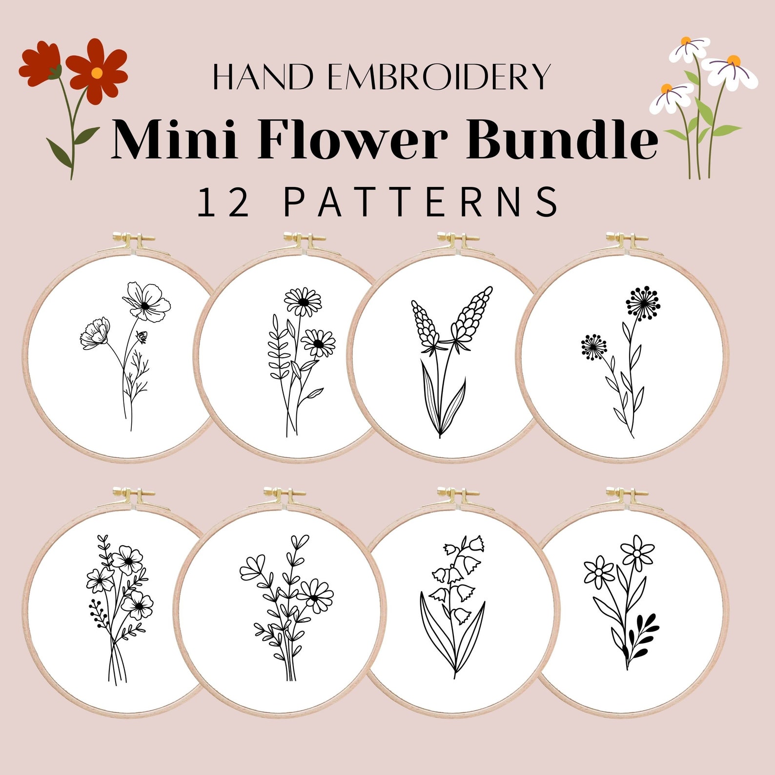 Simple Flower Embroidery Pattern Bundle, Mini Flower Printable PDF ...