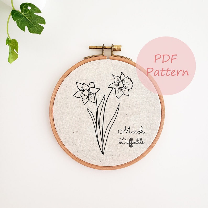Daffodils Flower PDF Embroidery Pattern, March Birth Month Hand Embroidery Design, Digital ...