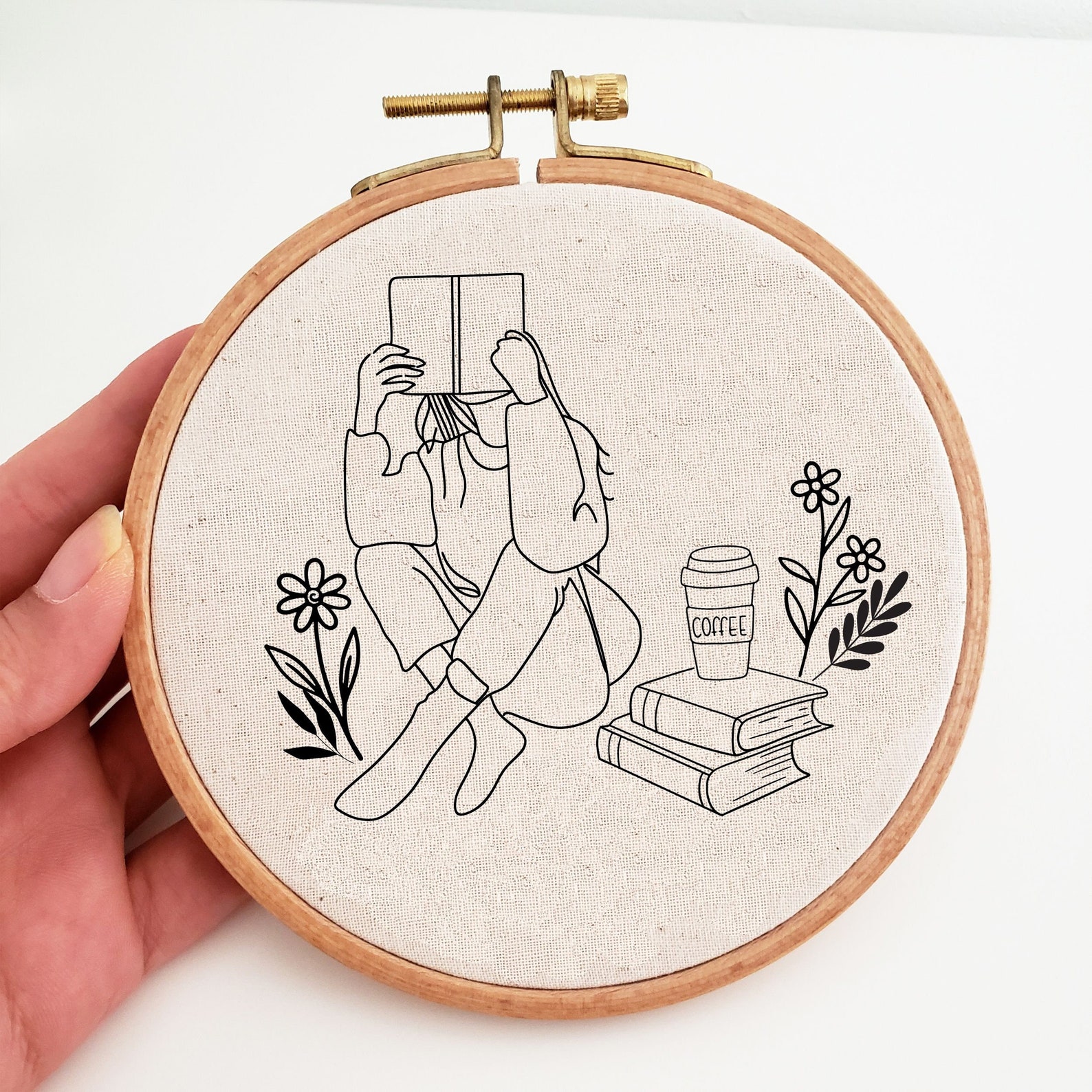 Girl With Book Embroidery Pattern, Book and Coffee Embroidery PDF ...