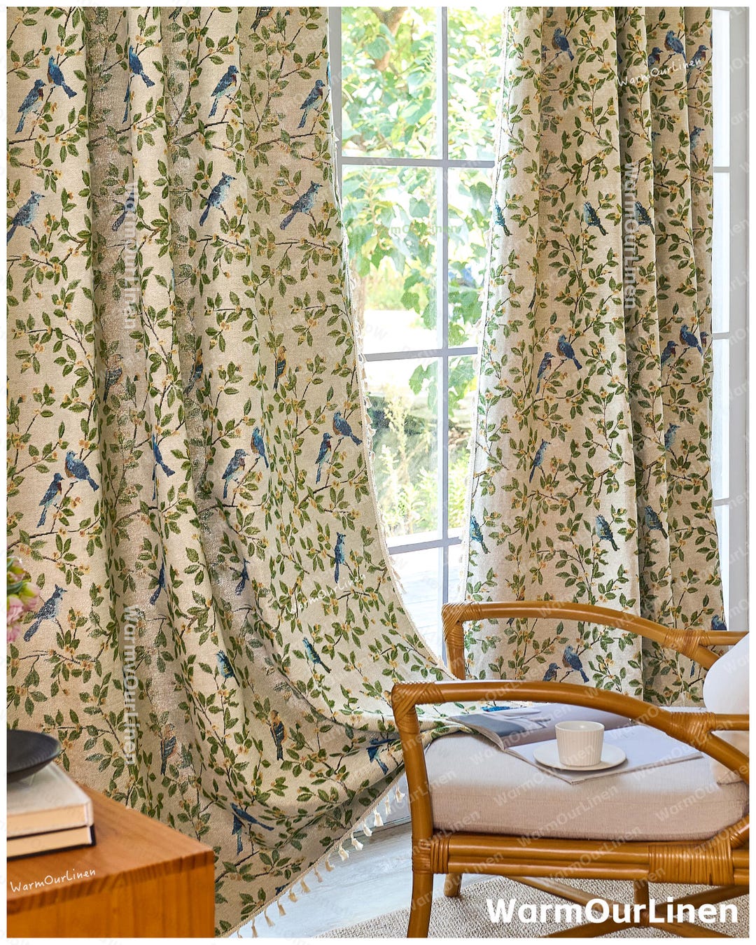 Floral Bird Curtain, Farmhouse Drapery, Linen Curtain Panel for Living ...