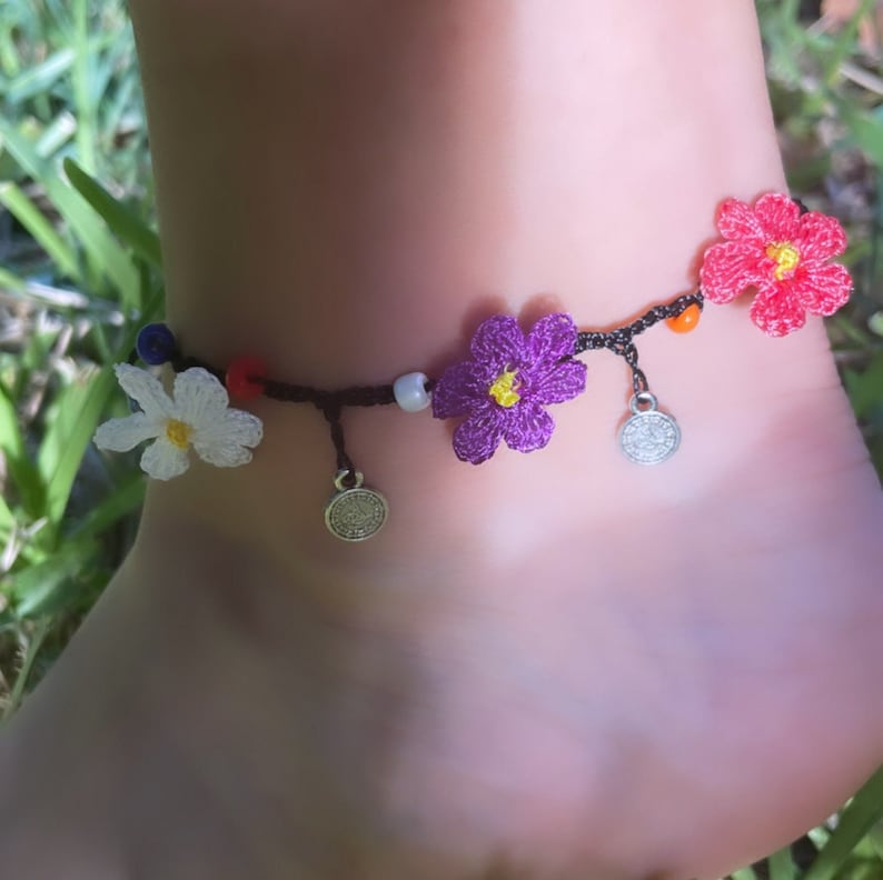Flower Crochet Anklet Bracelet, Summer Jewelry, Boho Daisy Floral ...