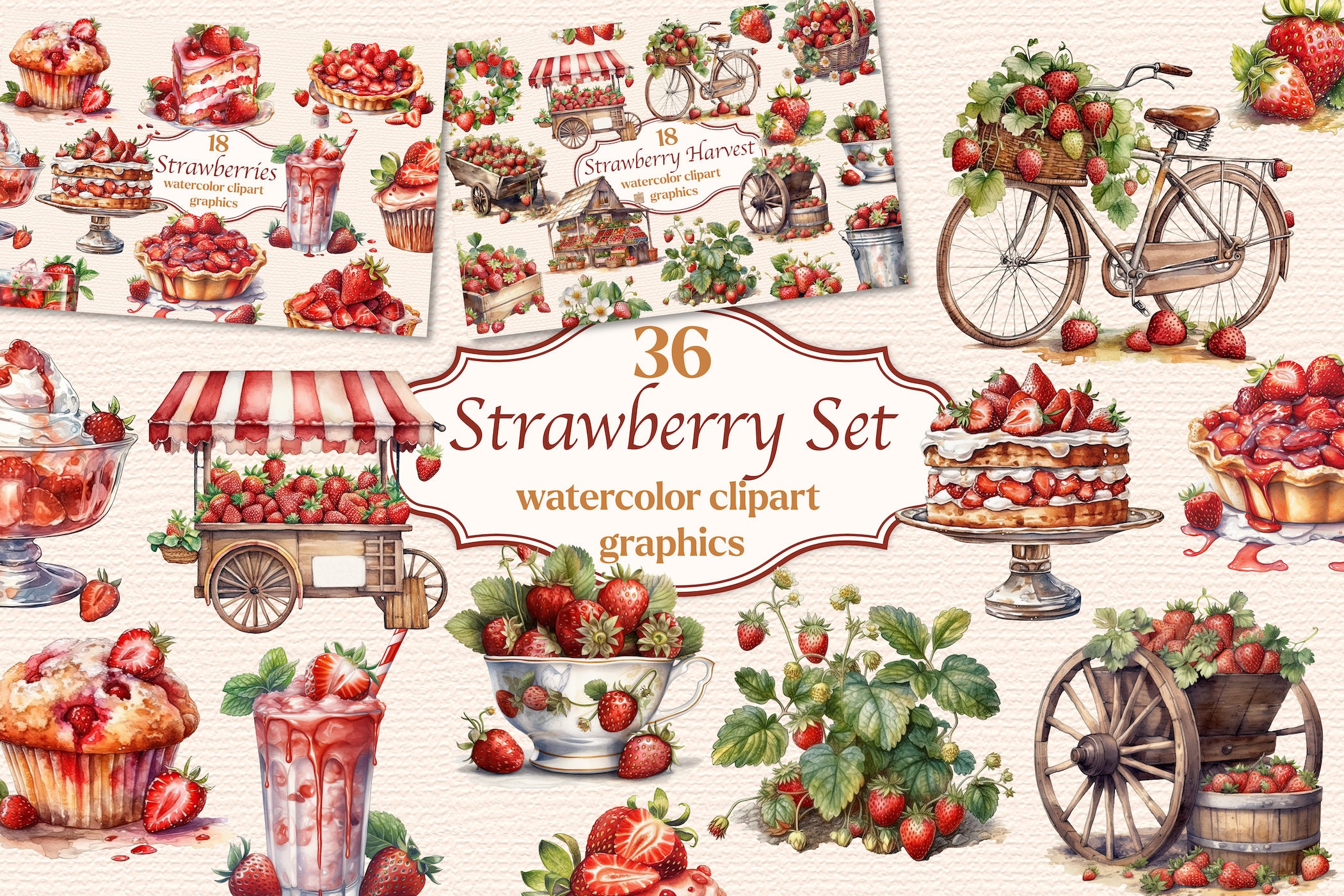 Strawberry Set Clipart Fruits Watercolor Scrapbooking - Etsy